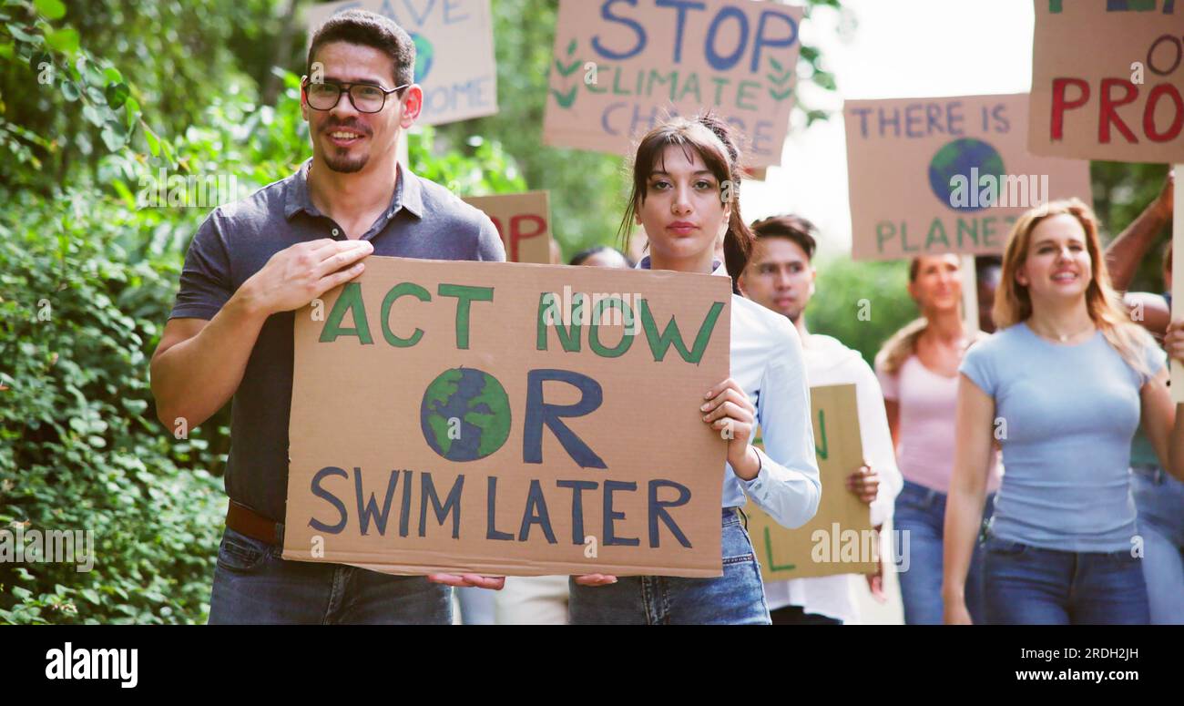 Earth Environment Activism. People With Green Change Banners Stock ...