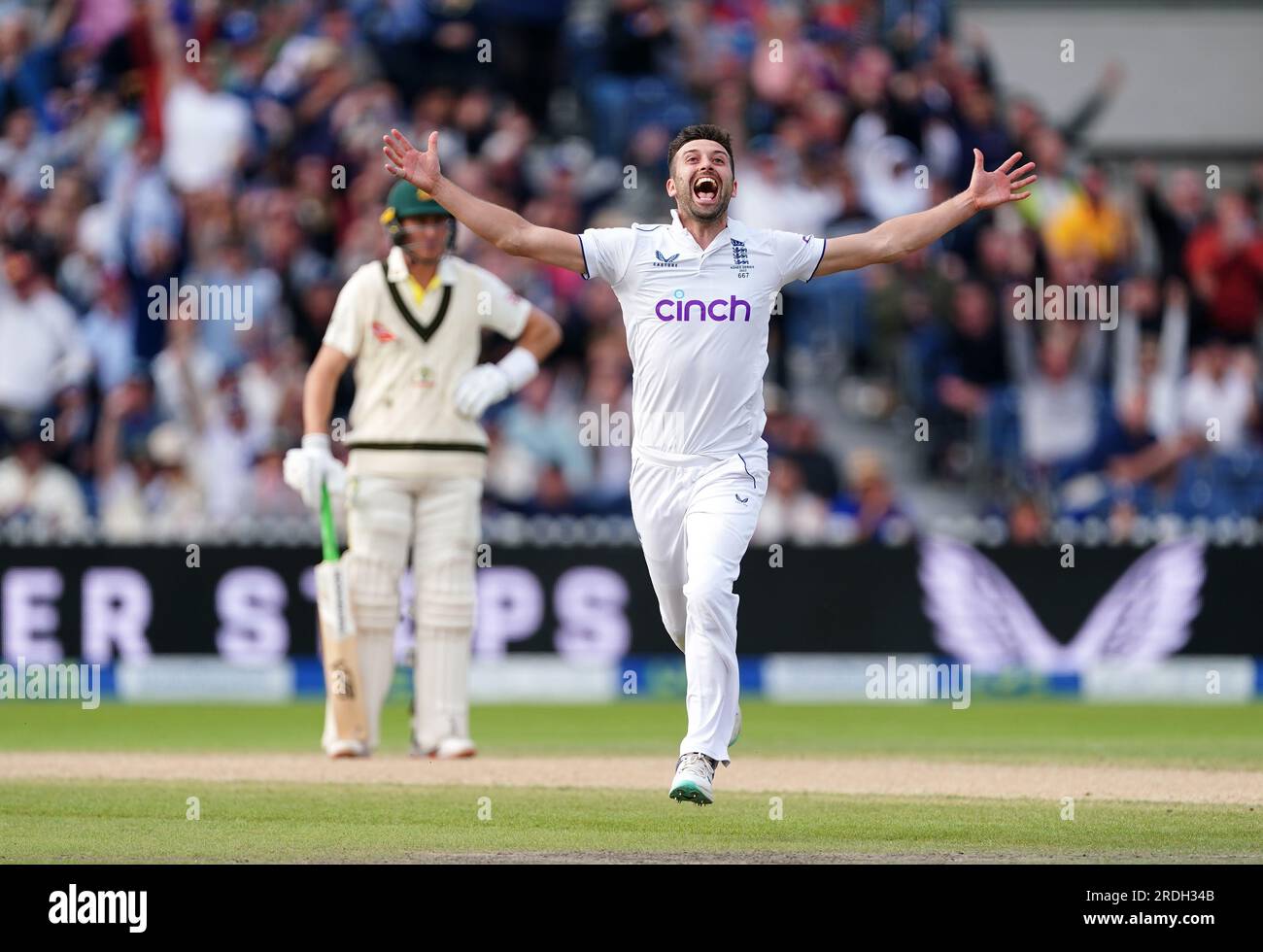 England's Mark Wood (right) celebrates the wicket of Australia's Travis ...