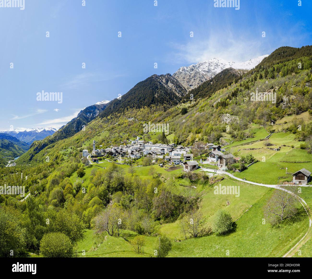 Panorama aerial image of the Swiss mountain village Soglio. It was ...