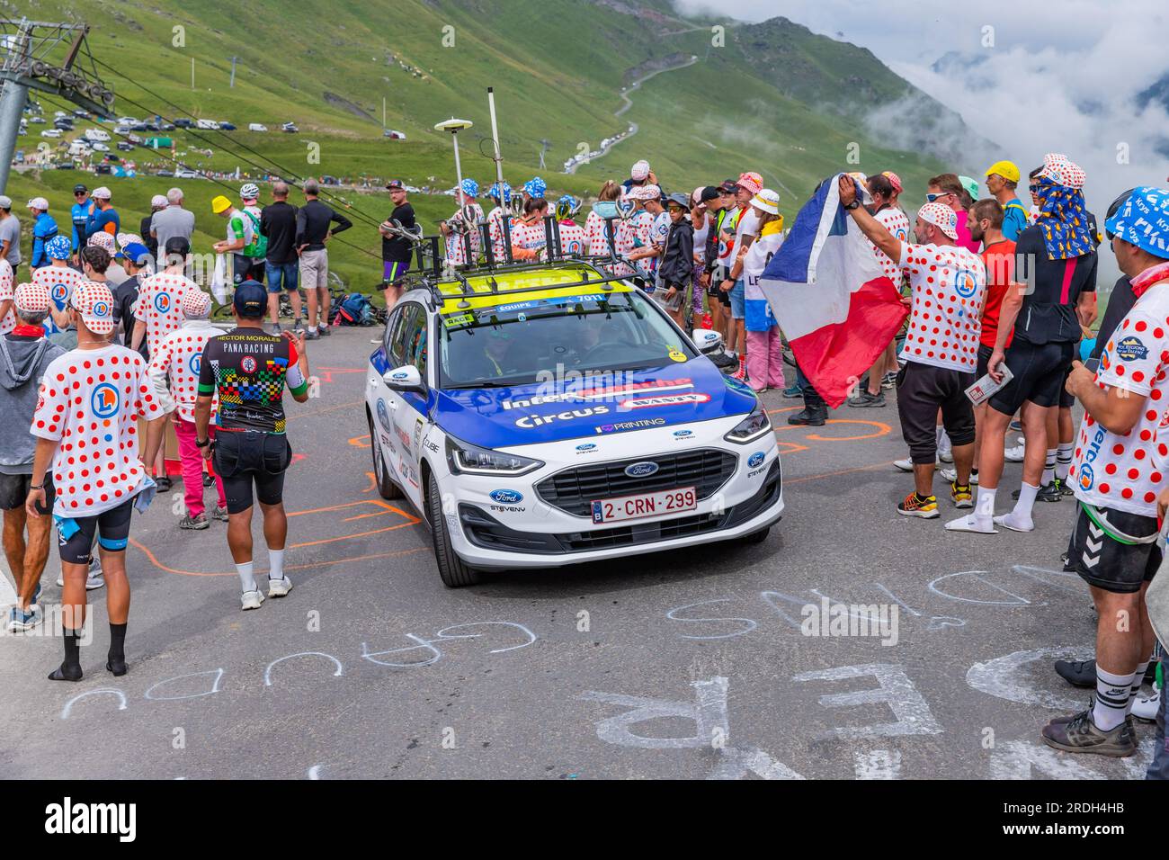 Col du Tourmalet, France - July 06 2023: Caravan car at the top of the ...