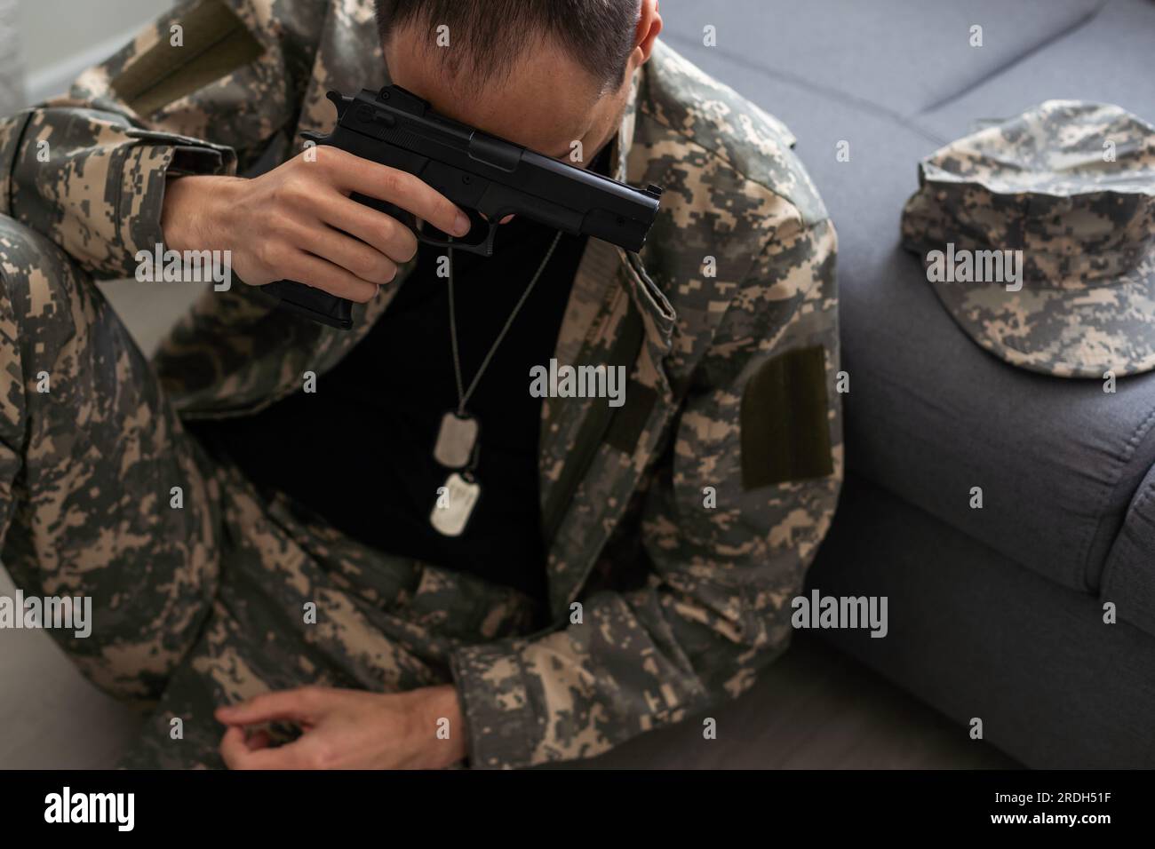 Portrait of middle aged sad, desperate military man. Disabled soldier ...