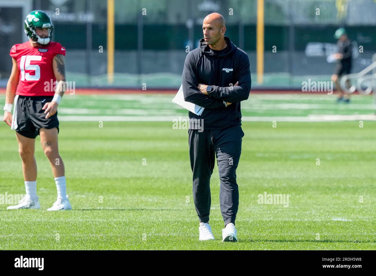 New York Jets head coach Robert Saleh walks the field during practice ...