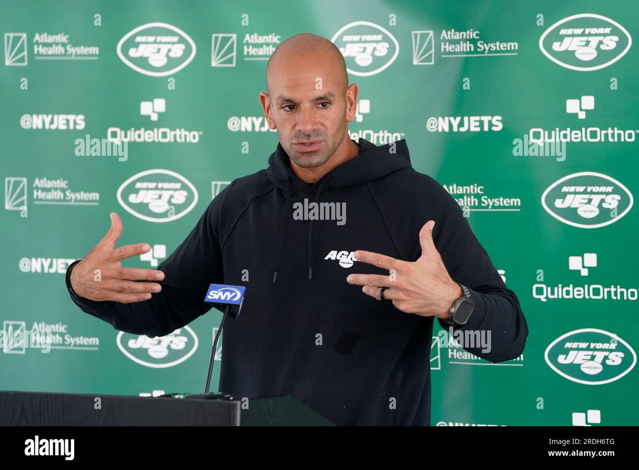 New York Jets head coach Robert Saleh speaks to members of the media ...