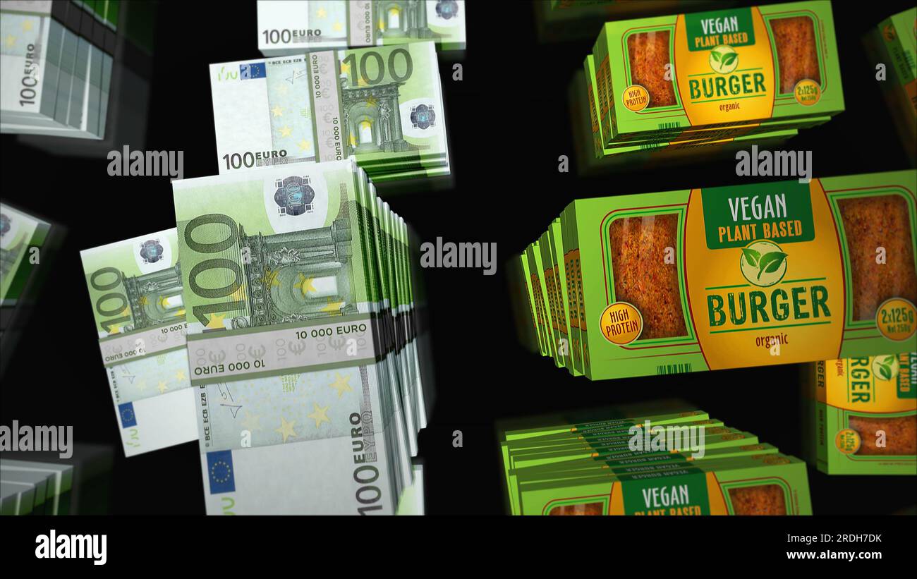 Vegan burger green organic food box and Euro money bundle stacks ...