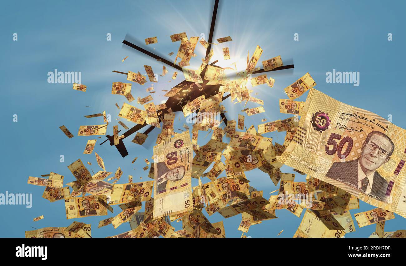 Tunisia Dinar money banknotes helicopter money dropping. 50 TND notes ...