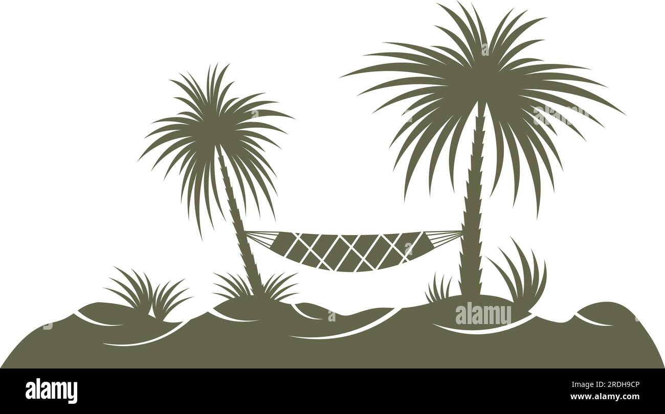 Silhouette styled tropical island and hanged hammock on palm trees with ...