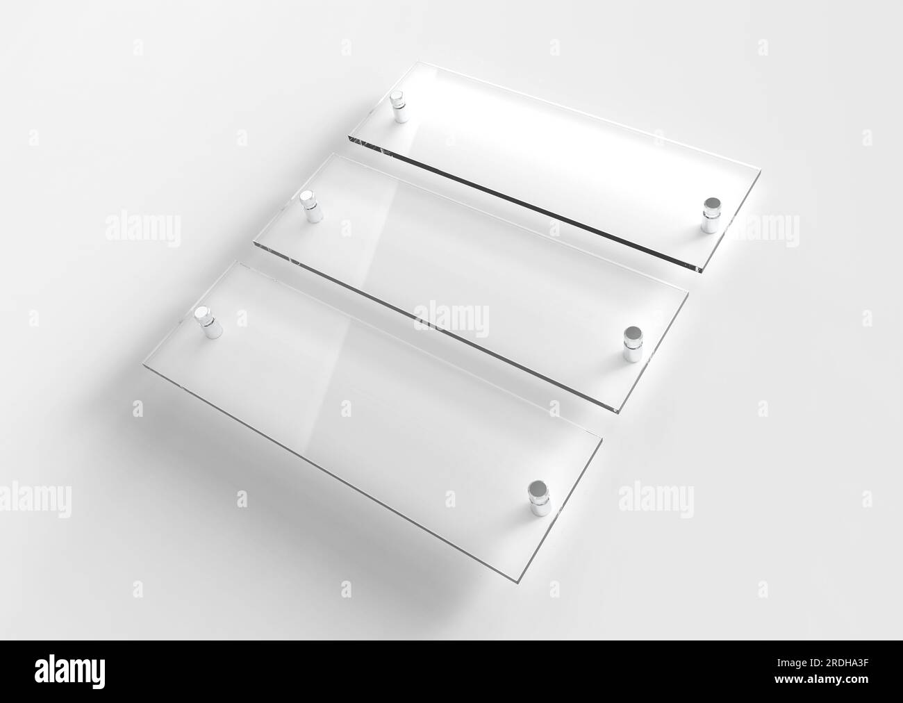 Three transparent glass nameplate plates on spacer metal holders. Clear ...