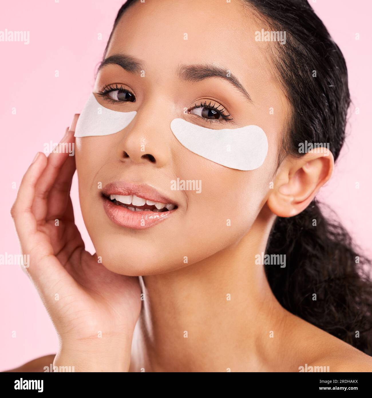 Eye patch, face mask and beauty of a woman with natural skin glow on a ...