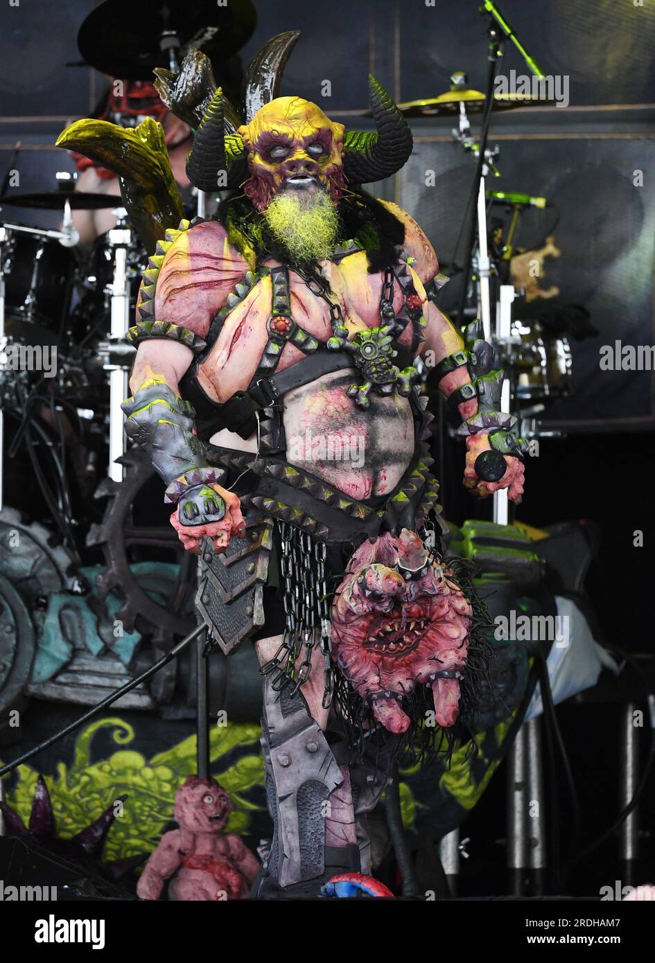 West Palm Beach, FL, USA. 20th July, 2023. Matt Maguire Sawborg Destructo of GWAR performs ...
