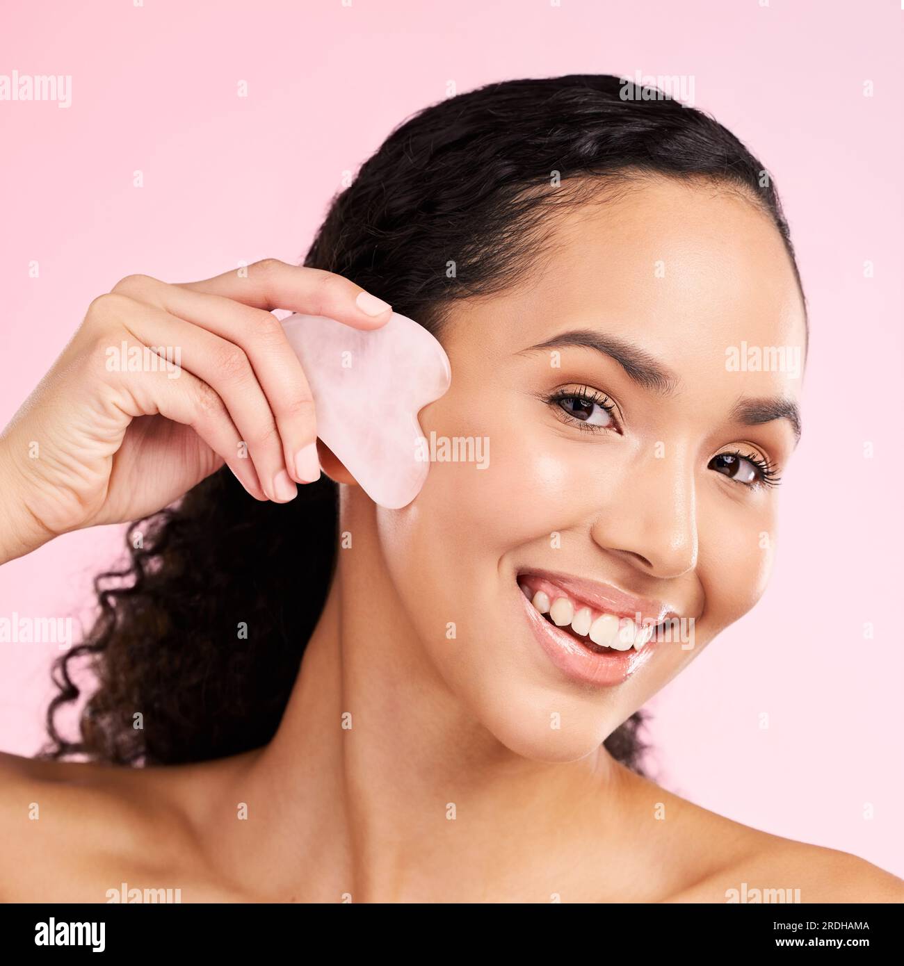 Gua sha, face massage and woman with natural beauty, skin glow and ...