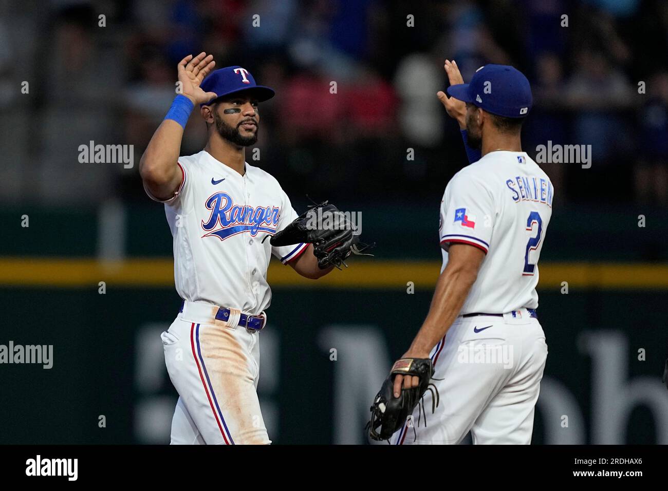 Texas Rangers' Leody Taveras and Marcus Semien (2) celebrate after ...