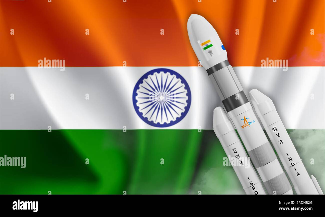 PUNE, INDIA, 15TH JULY 2023 Chandrayaan 3 on moon with India wave flag ...