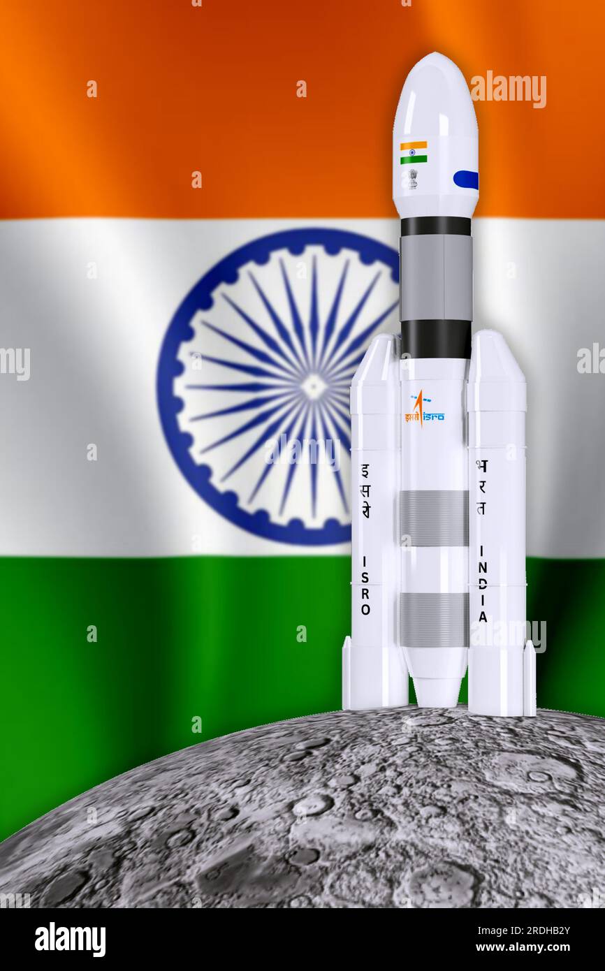 PUNE, INDIA, 15TH JULY 2023 Chandrayaan 3 on moon with India wave flag ...