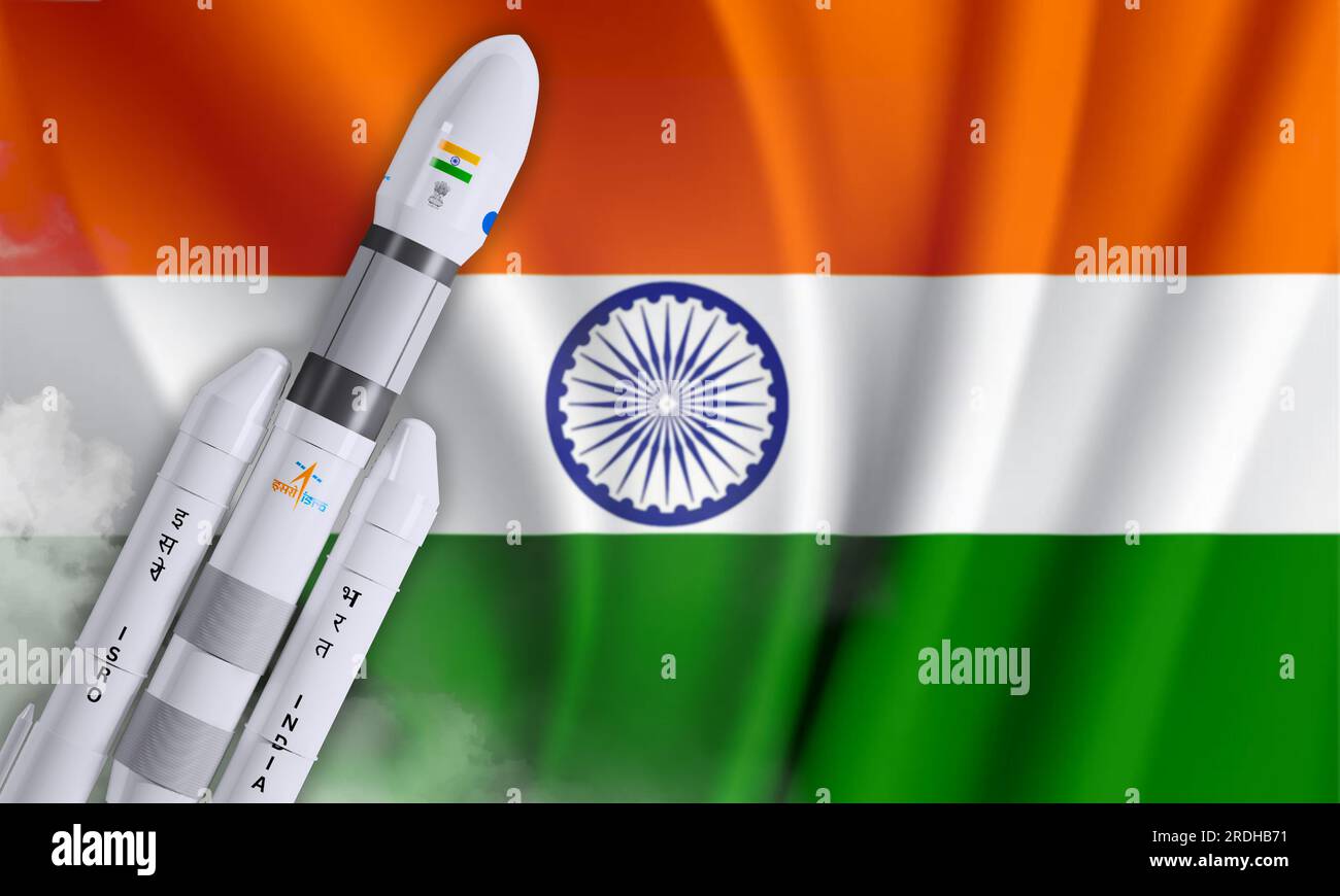 PUNE, INDIA, 15TH JULY 2023 Chandrayaan 3 on moon with India wave flag ...