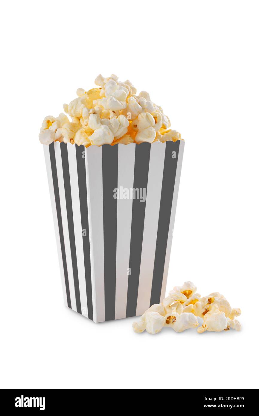 Black white striped carton bucket with tasty cheese popcorn, isolated ...