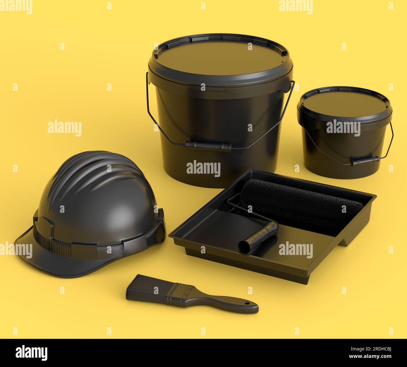 Set of safety helmet, bucket with paint rollers and brushes for ...