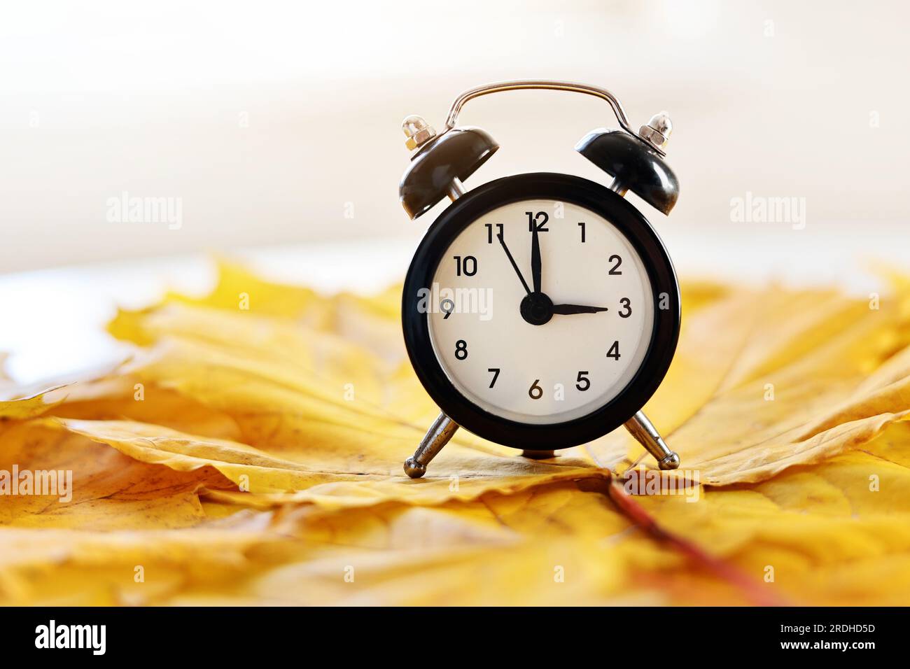 Back to school. Classic black and white alarm clock on bright yellow ...