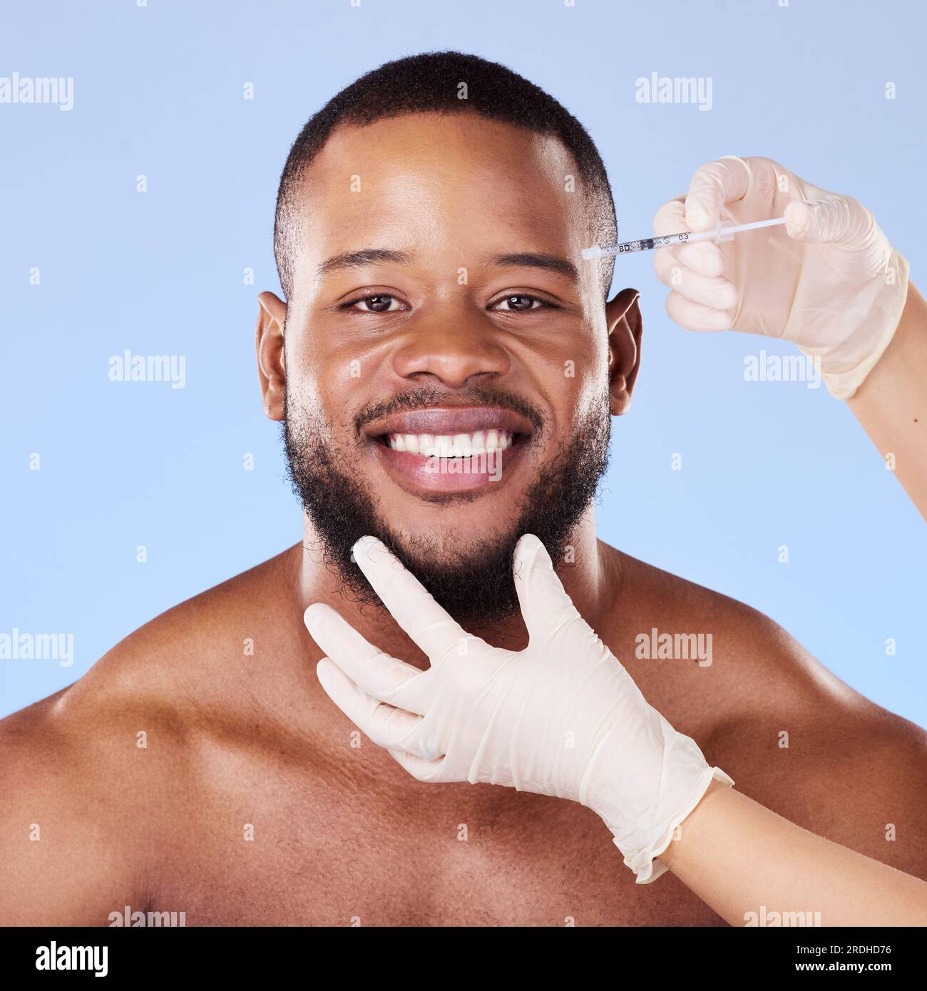 Needle, man and portrait for skincare, beauty process and filler in ...