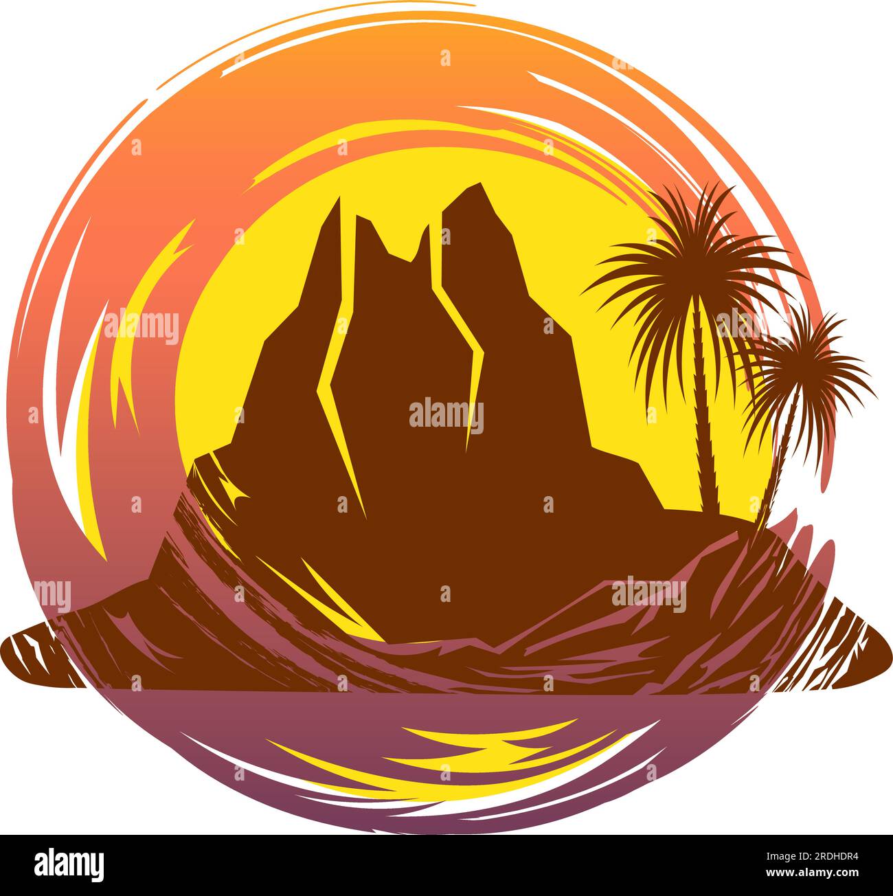 Silhouette styled landscape emblem with tropical beach palm trees and ...