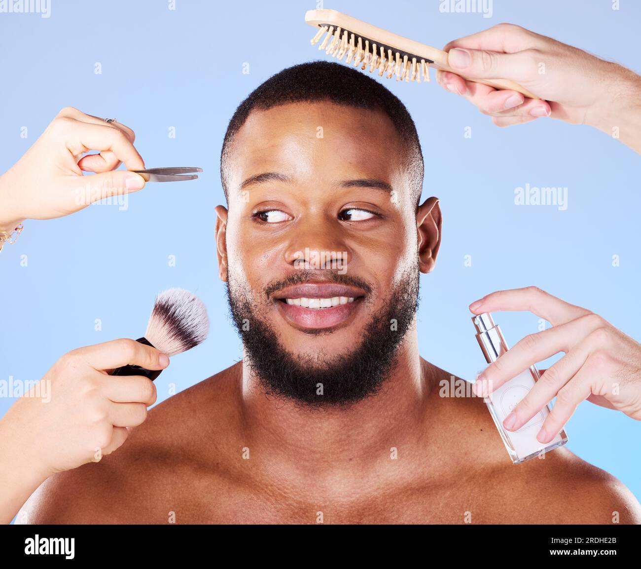 Self care, hands and man with beauty products in a studio for natural ...