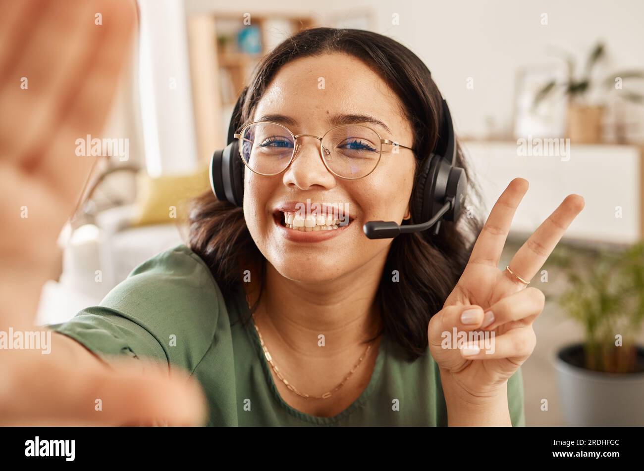 Woman, call center and selfie with peace sign, happy and post with work ...