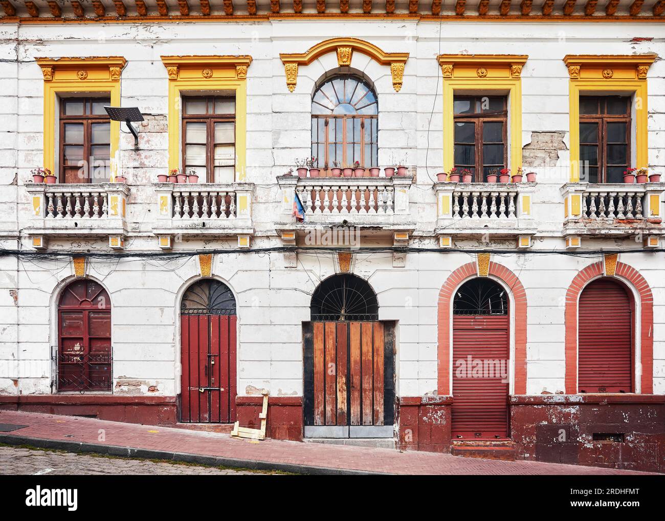 Street view of an old building facade, architecture background, Quito ...