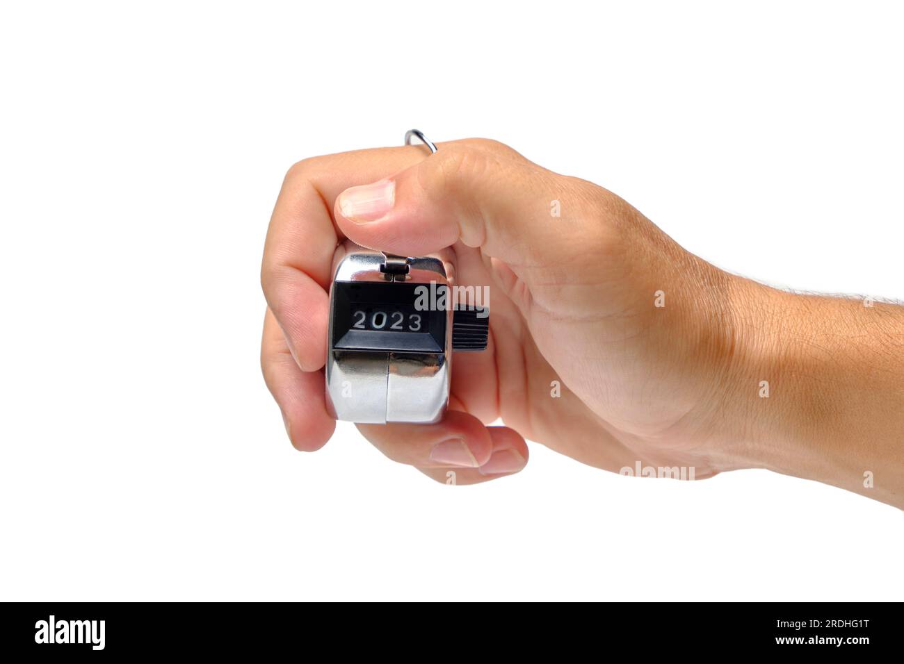 Manual mechanical counter in hand on white background Stock Photo - Alamy