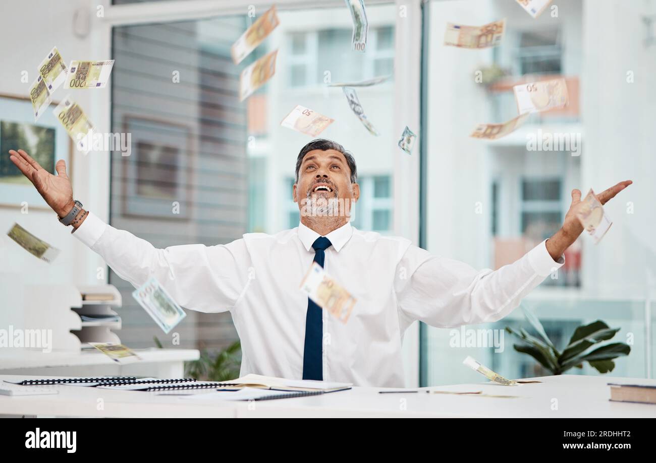 Happy senior businessman, money rain and celebration for financial ...