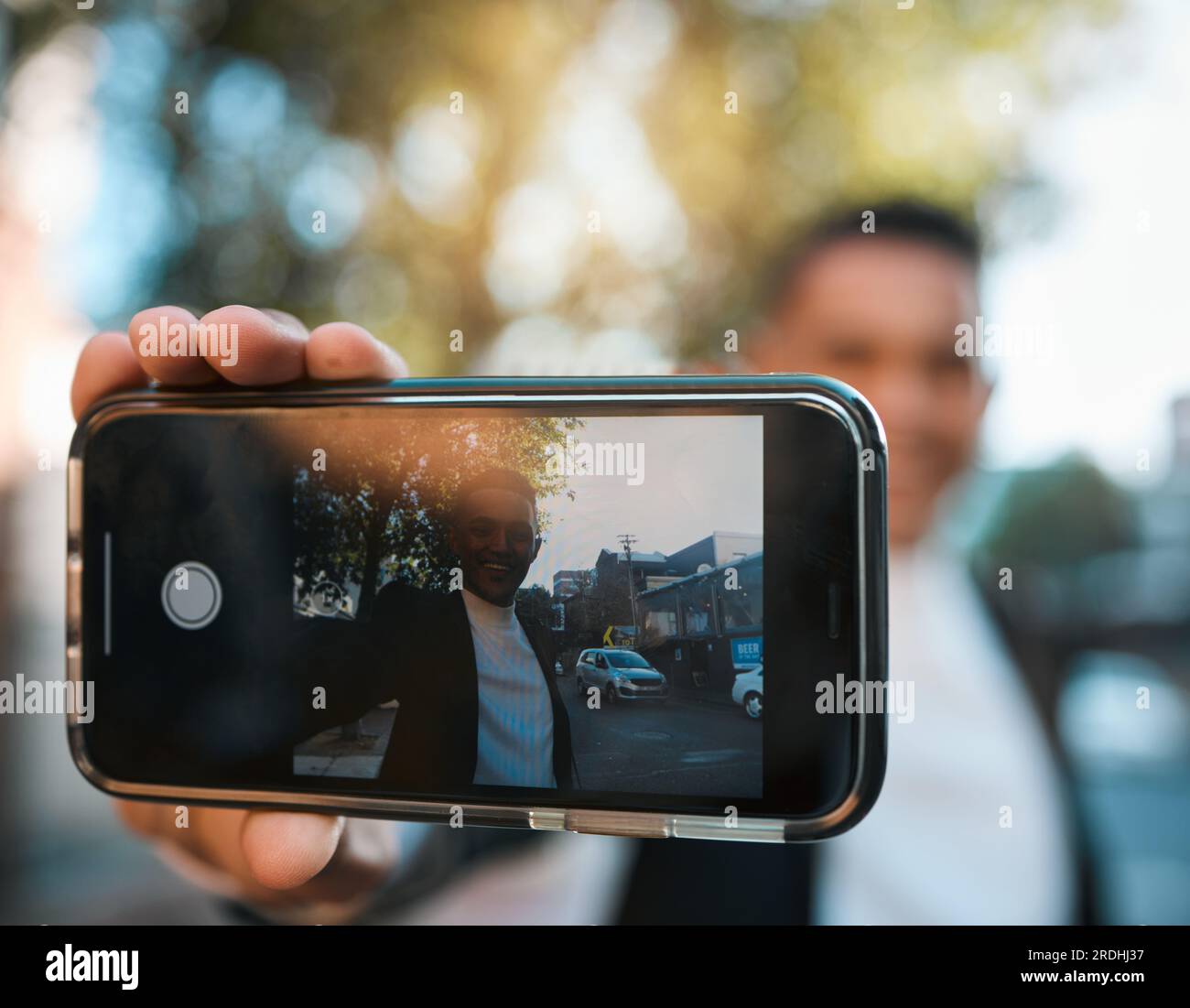 Selfie, phone screen and business man in city for social media, profile ...