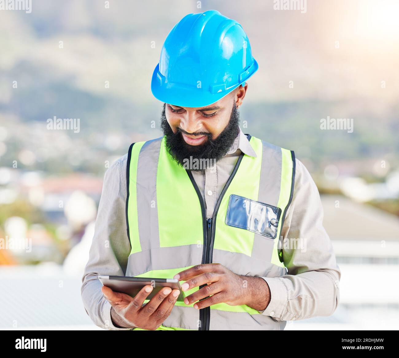 Black man, architect and tablet in city for construction planning ...
