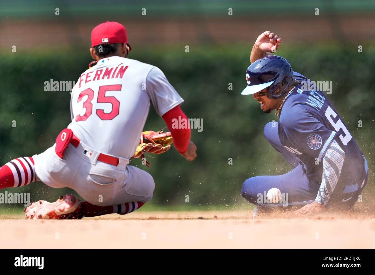 Chicago Cubs' Christopher Morel, right, steals second as St. Louis ...