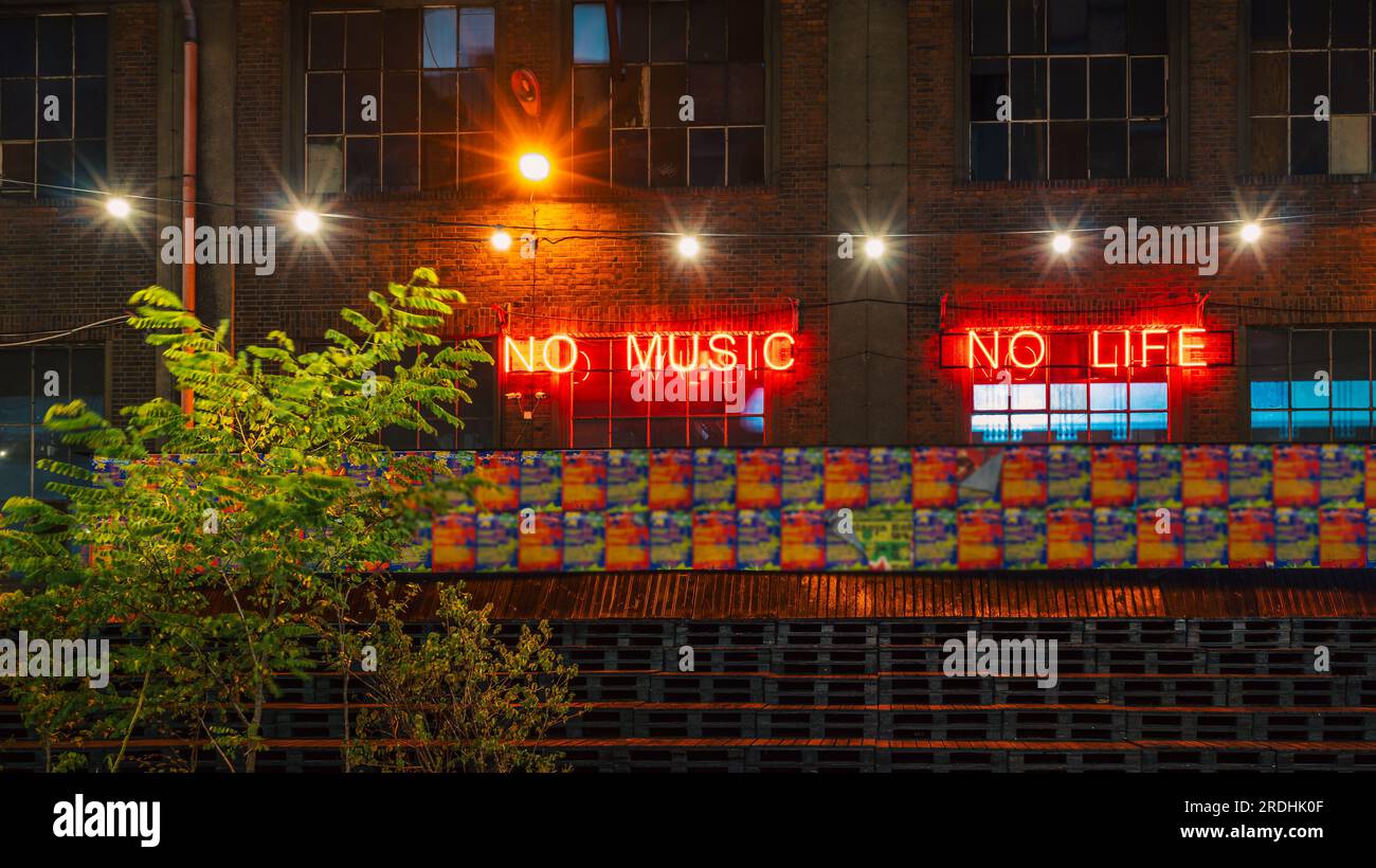 neon inscription at the post-industrial event at the shipyard in gdansk ...