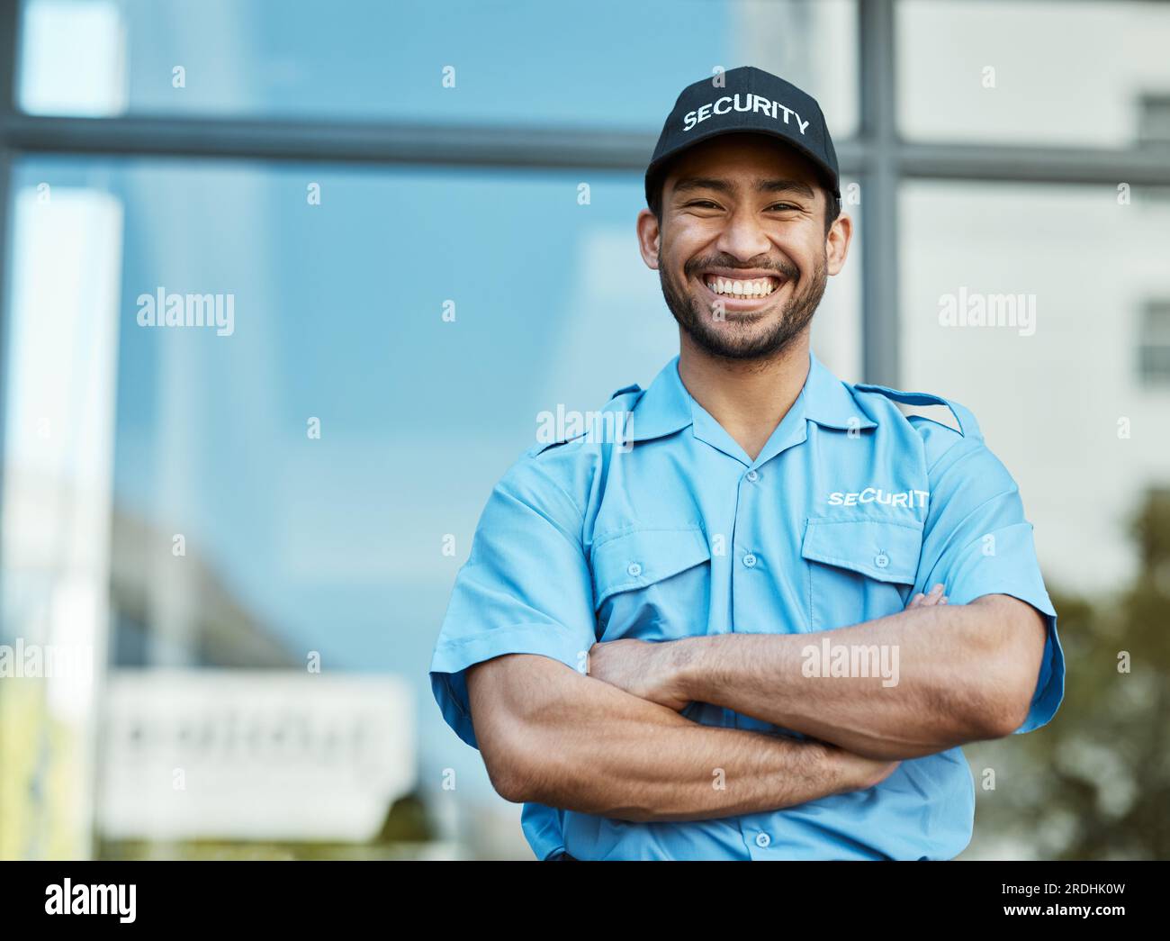Happy man, portrait and security guard with arms crossed in city for ...