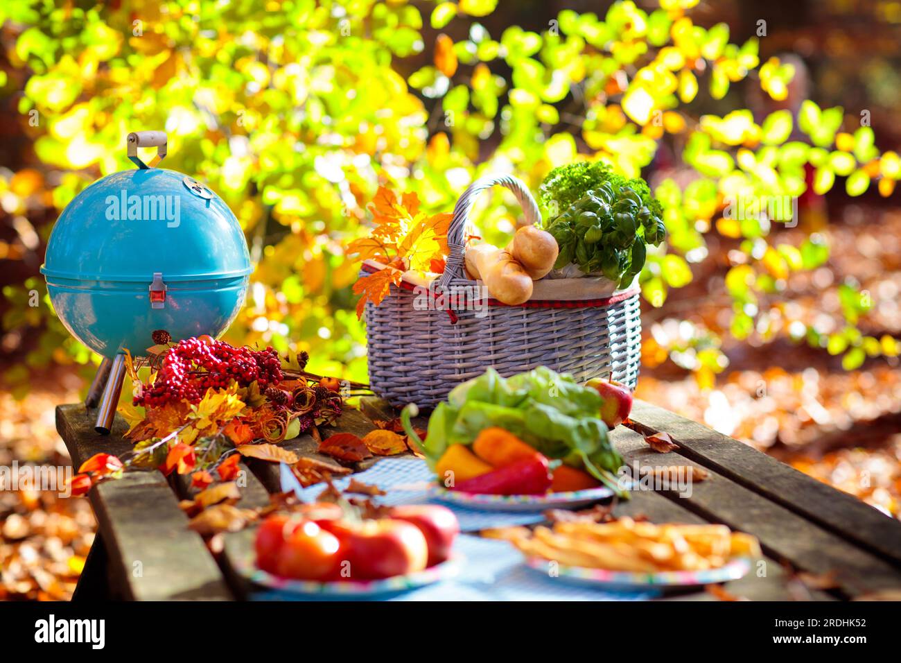 Picnic in autumn park. Family fall outdoor barbeque grill party ...