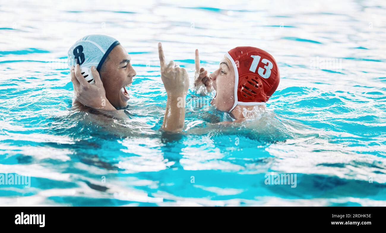 Sports, winner and water polo with men in swimming pool for celebration ...