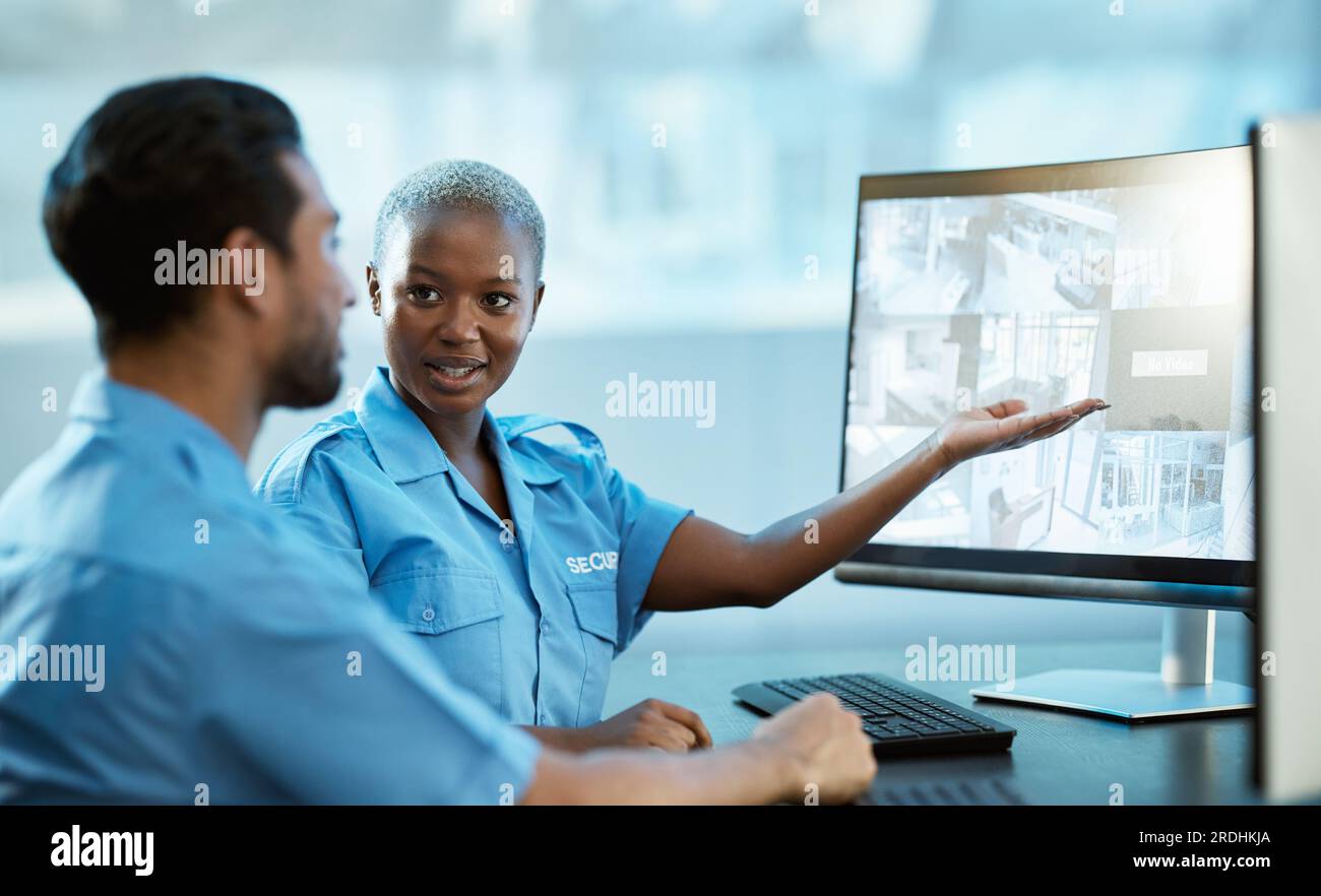 People, security and computer screen for surveillance, protection and ...