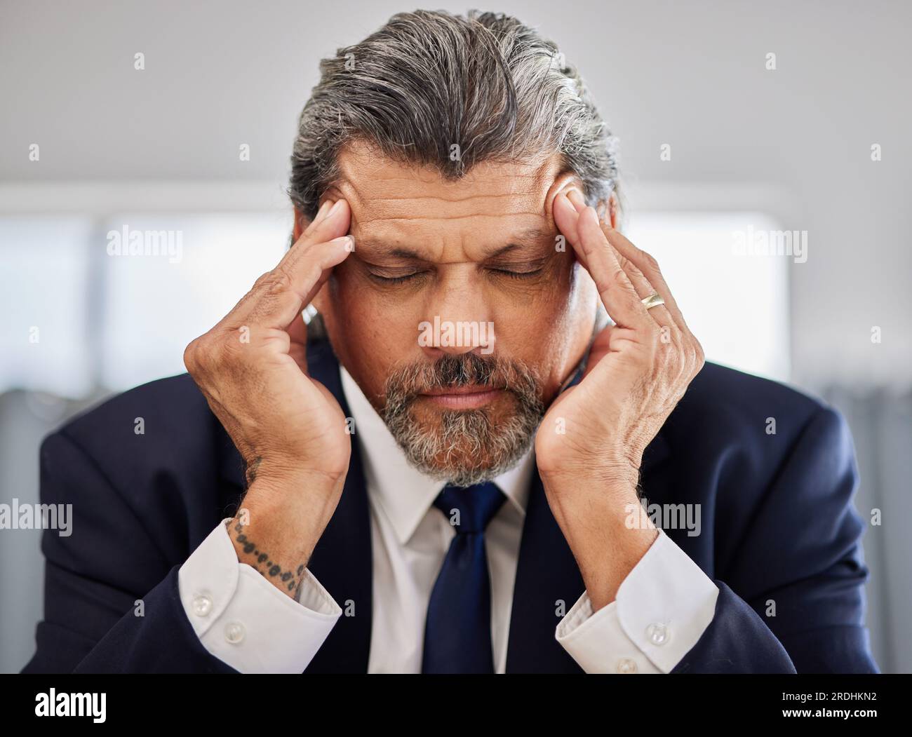 Senior business man face, problem and headache over corporate mistake ...