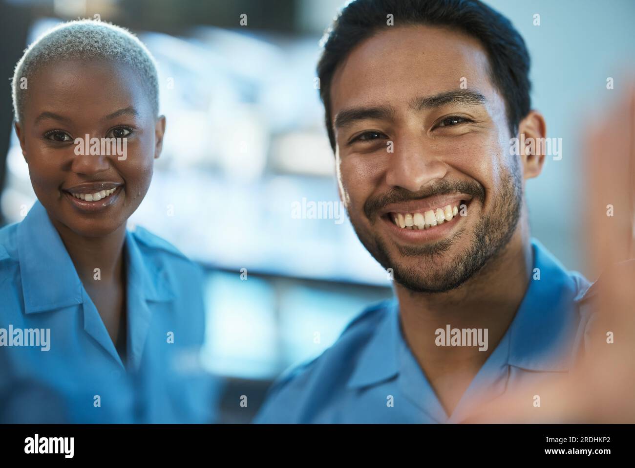 Happy people, portrait and security guard for selfie, memory or ...