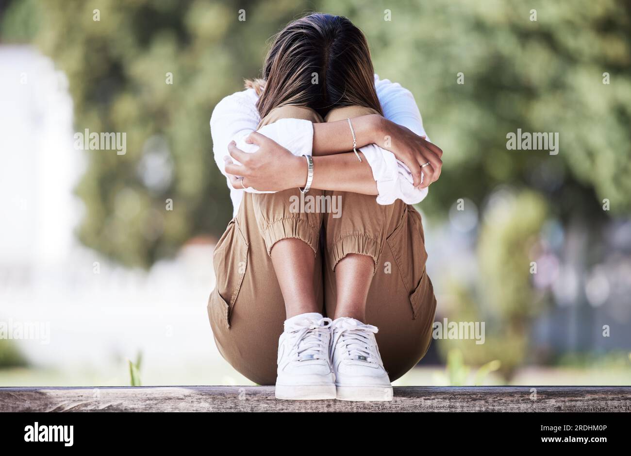 Sad, depression and student with woman in park for cry, frustrated and ...