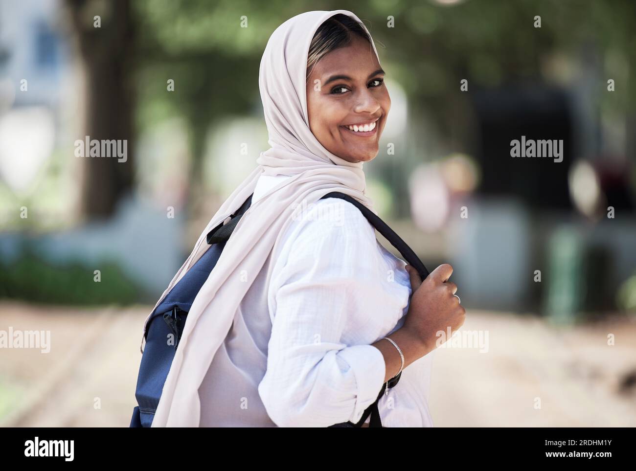 Hijab, student and portrait of woman on campus for university, school ...