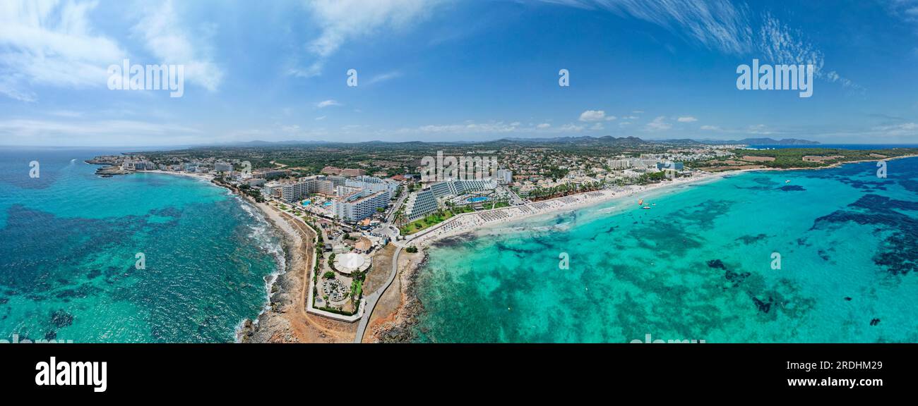 Panoramic aerial view of Sa Coma beach in Mallorca Spain on a summer ...