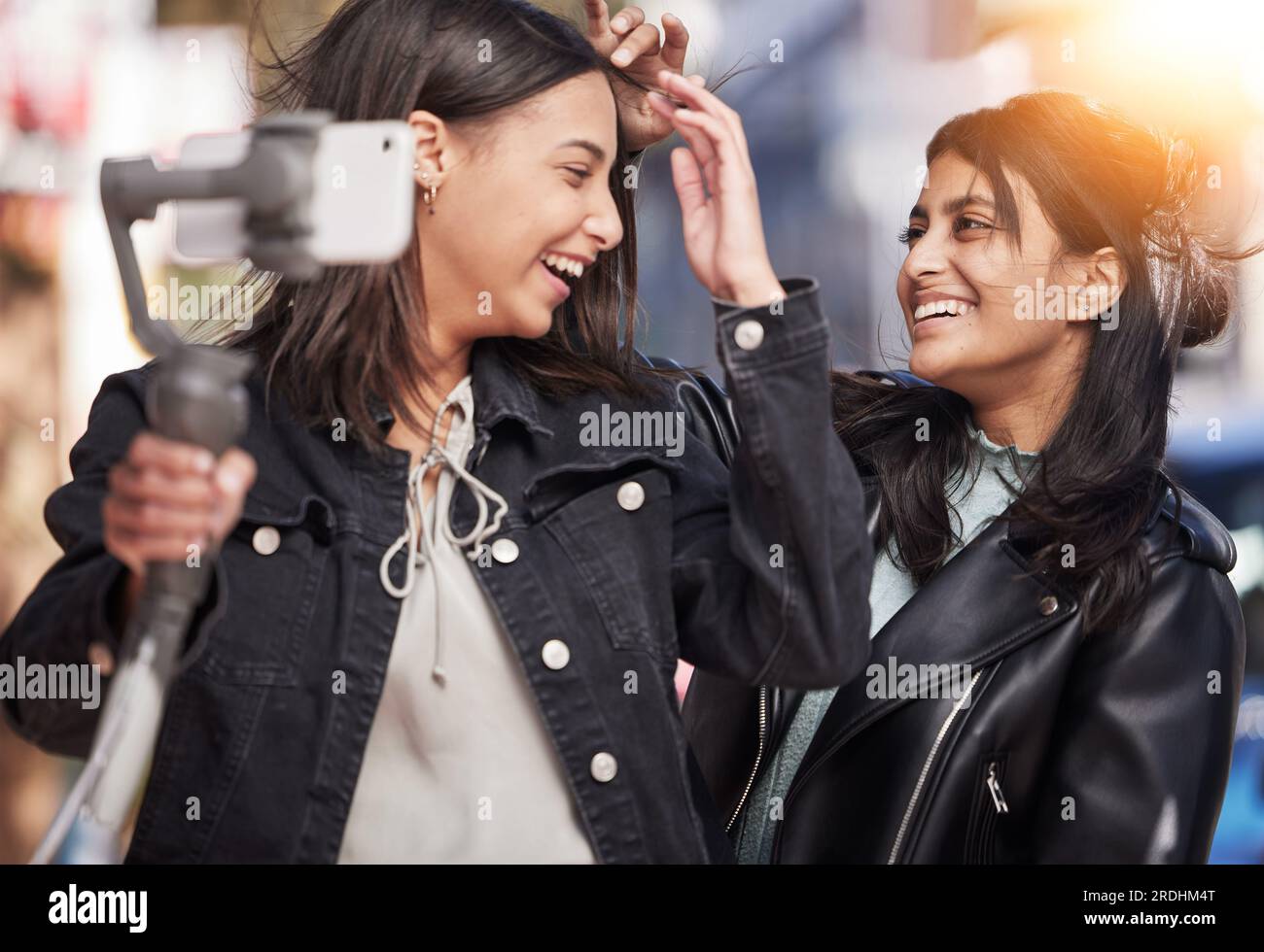 Smile, selfie and funny with friends in city for social media, happy ...