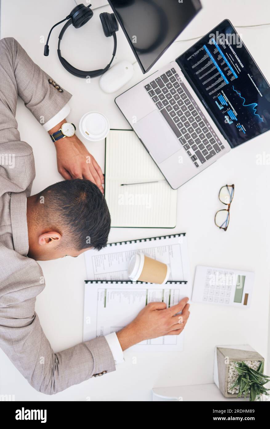 Above, tired and a businessman with work burnout, investment or ...