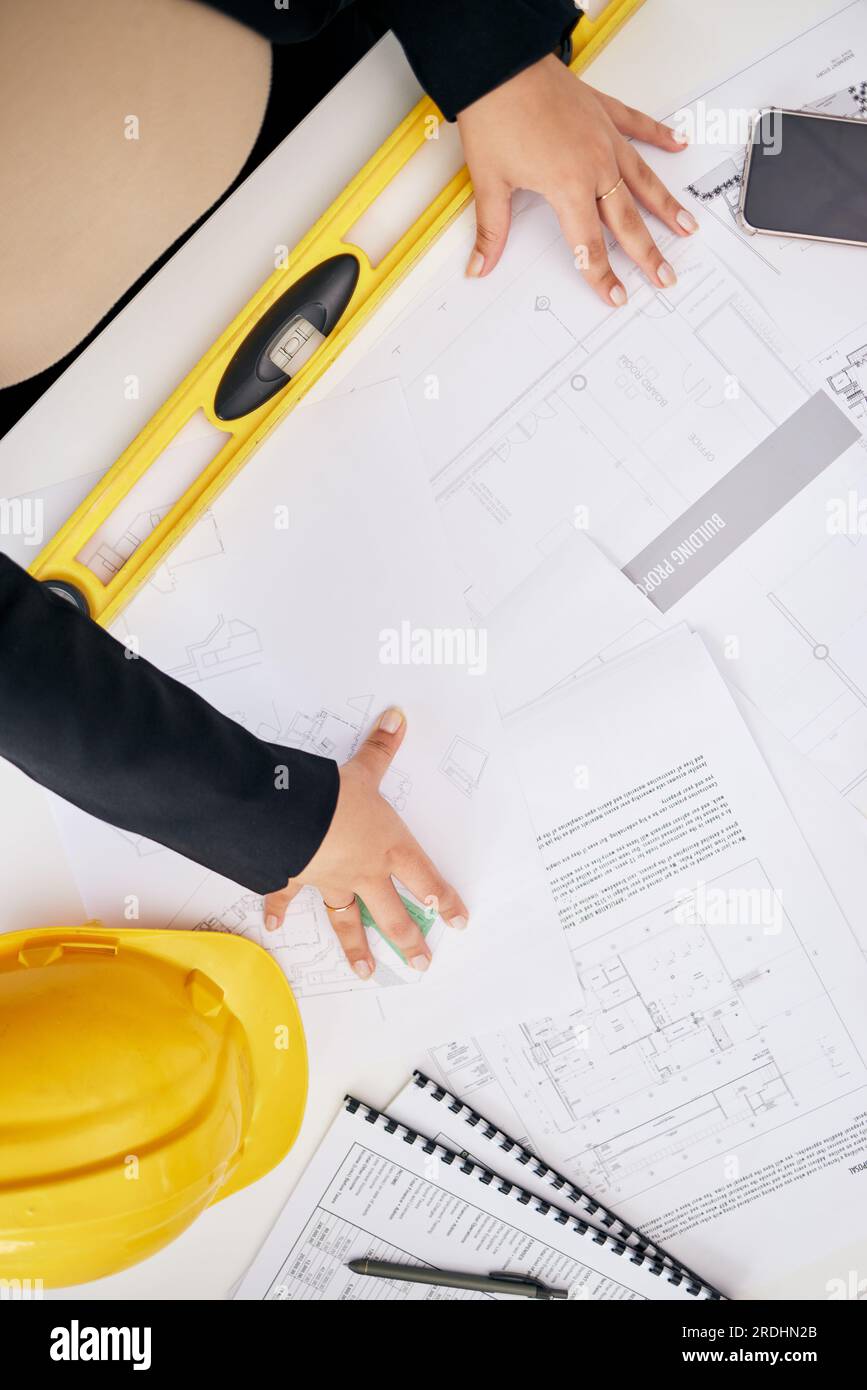Blueprint paperwork, architect hands and person review development ...