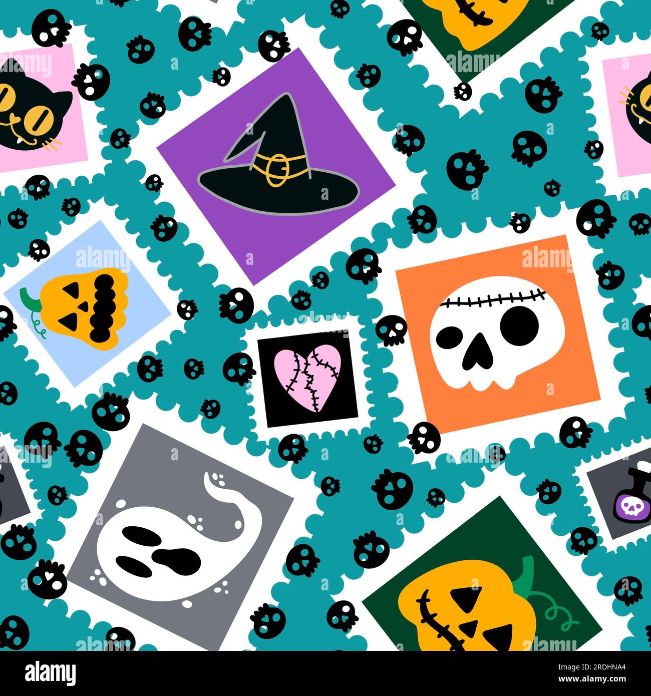 Postage stamps cartoon seamless Halloween pumpkins and ghost and poison ...