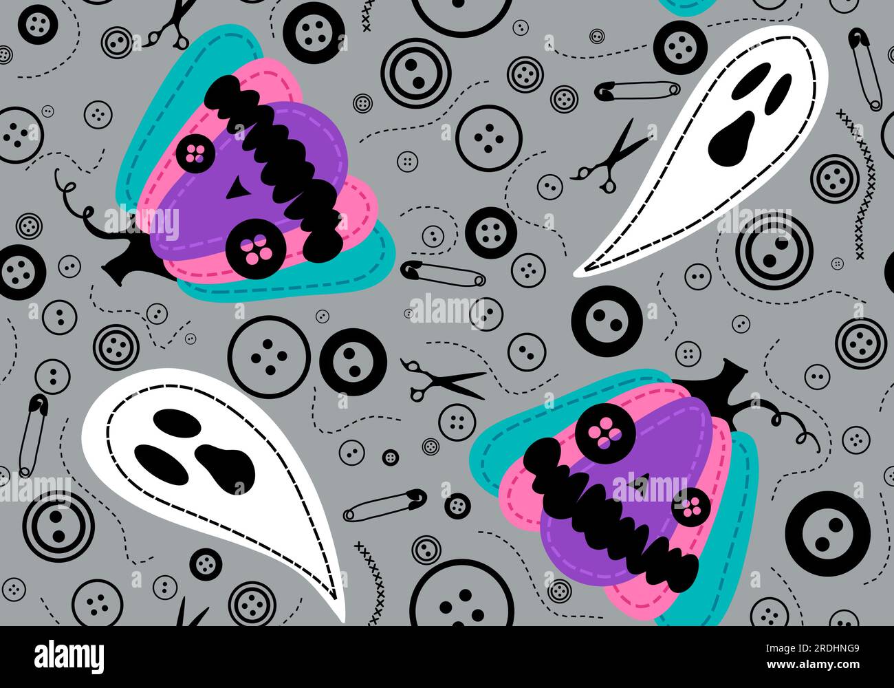 Halloween sewing monsters seamless pumpkins and ghost and buttons and ...