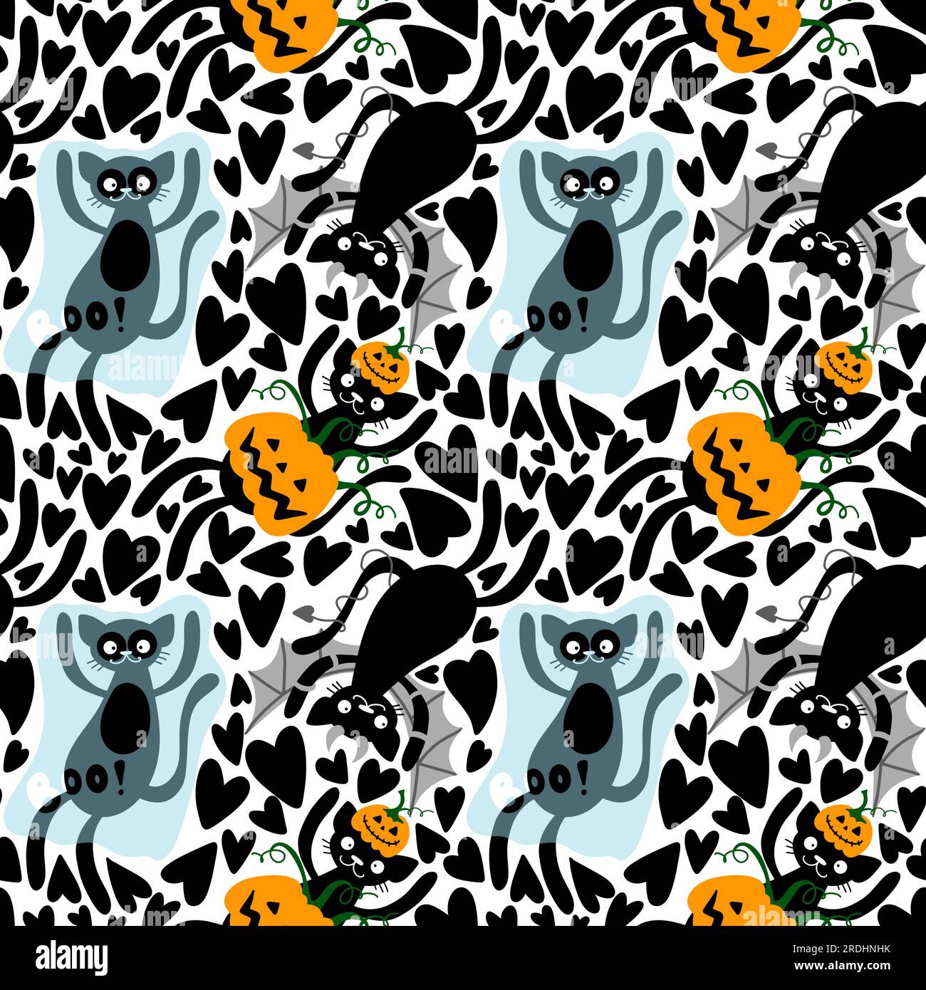 Halloween cartoon cats seamless pumpkins and ghost and monsters vampire ...