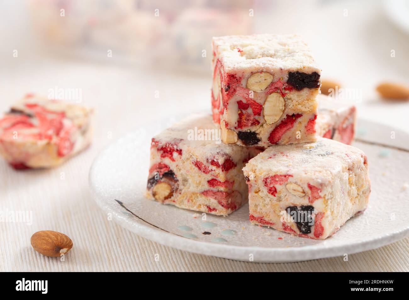 Taiwanese snack snowflake crisp with almond and strawberry Stock Photo ...