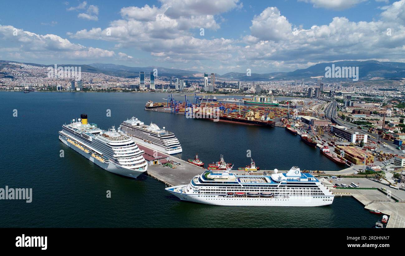 A view of the 3 cruise ships arriving at the port of Izmir at the same ...