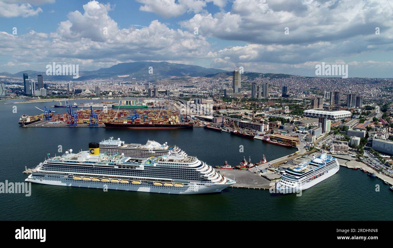 A view of the 3 cruise ships arriving at the port of Izmir at the same ...